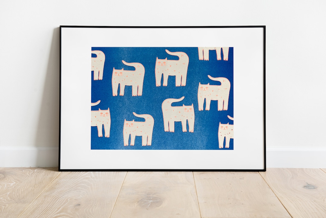 Cat Pattern | A4 Risograph Print | Blue and Fluorescent Orange - Etsy
