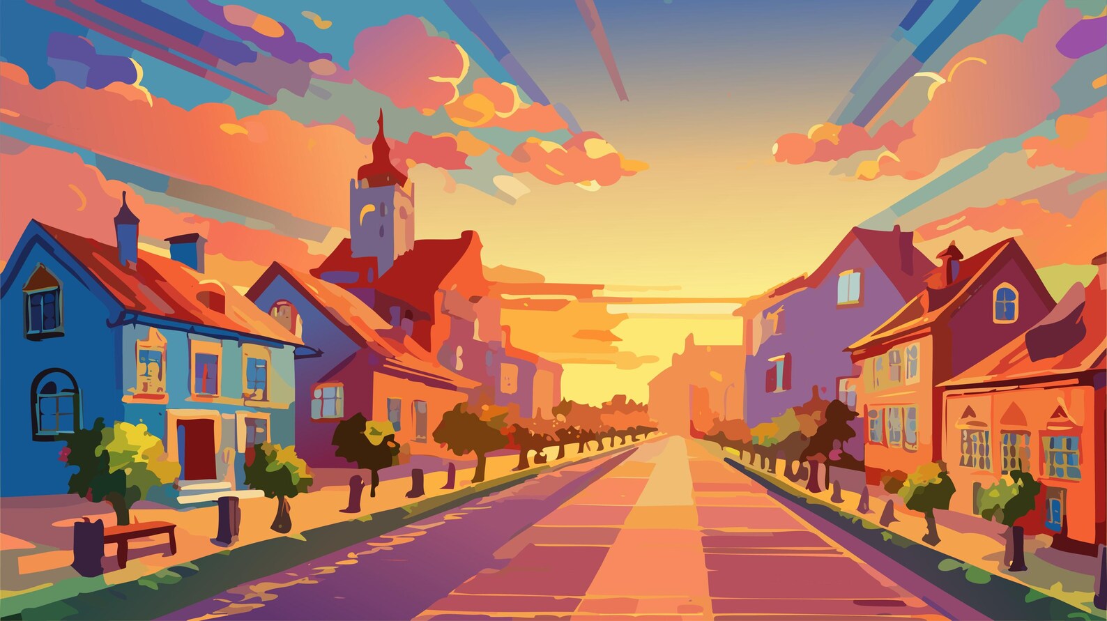 5 Peaceful Sunset Towns Desktop Wallpapers Illustrations - Etsy