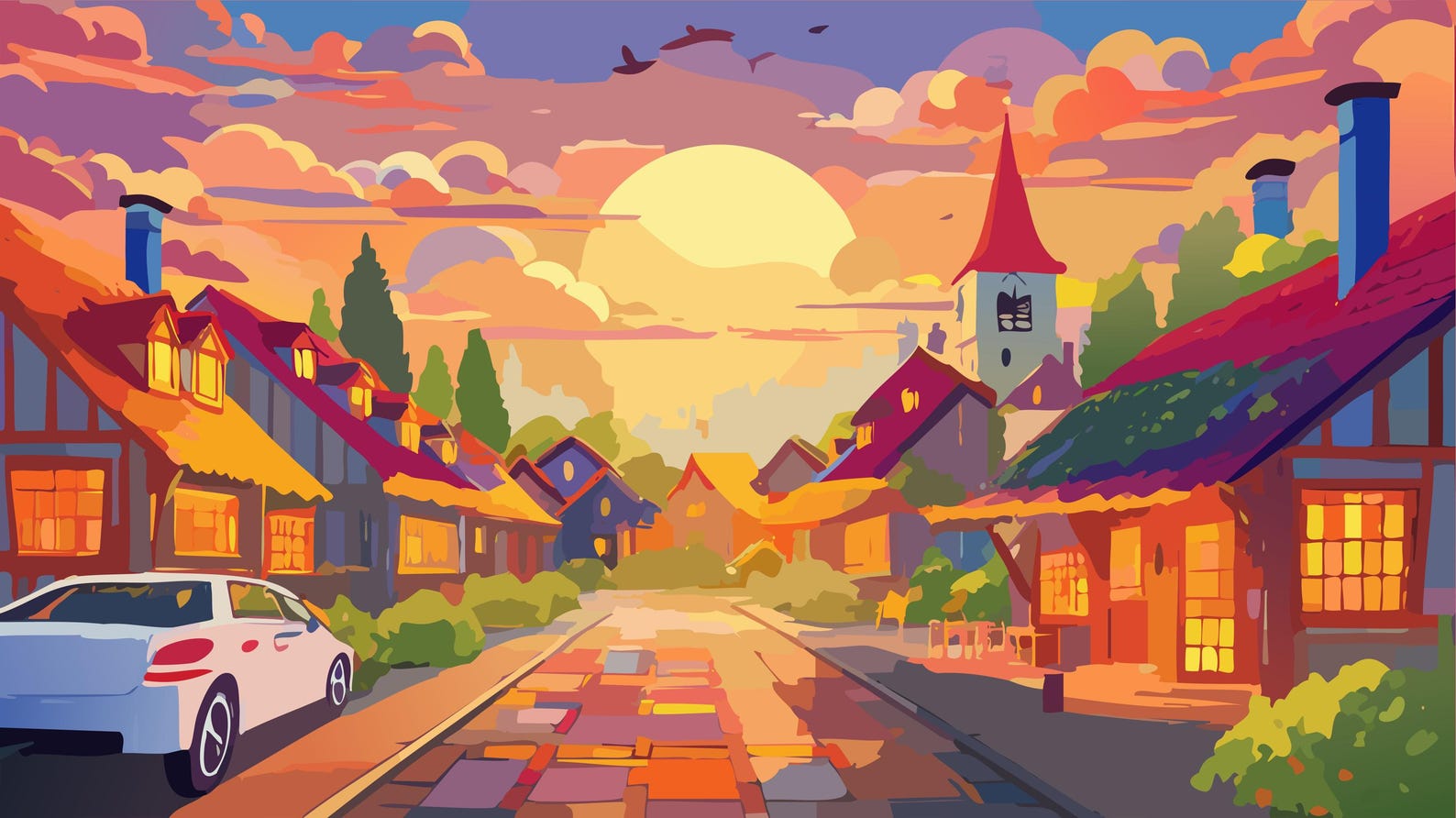 5 Peaceful Sunset Towns Desktop Wallpapers Illustrations - Etsy