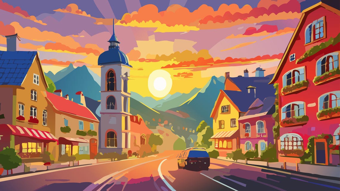 5 Peaceful Sunset Towns Desktop Wallpapers Illustrations - Etsy