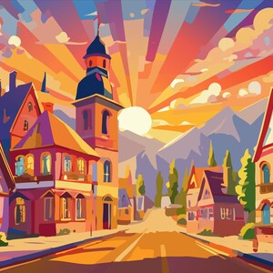 5 Peaceful Sunset Towns Desktop Wallpapers Illustrations - Etsy