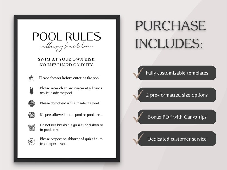 Pool Rules & Safety Sign for Airbnb or VRBO Rental, FULLY Customizable ...