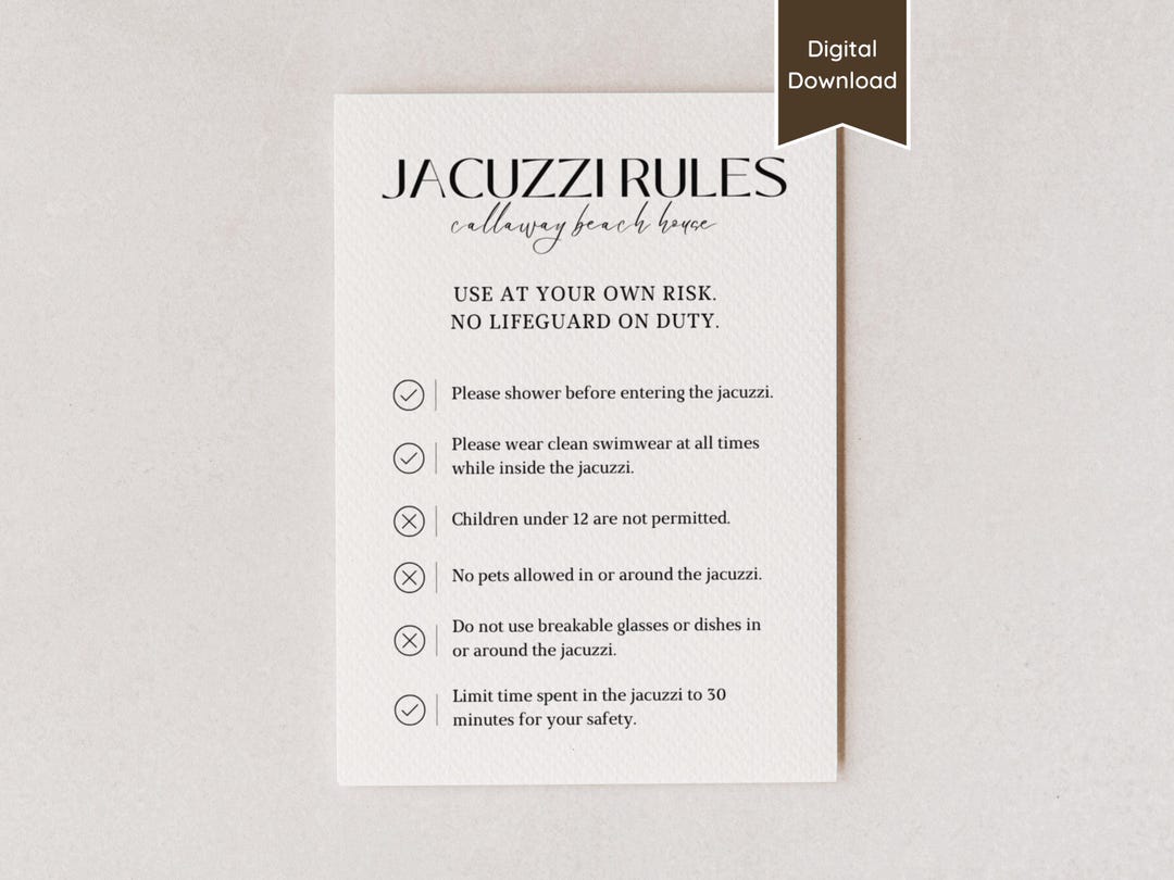 Jacuzzi Rules & Safety Sign for Airbnb or VRBO Rental; Pool + Hot Tub ...