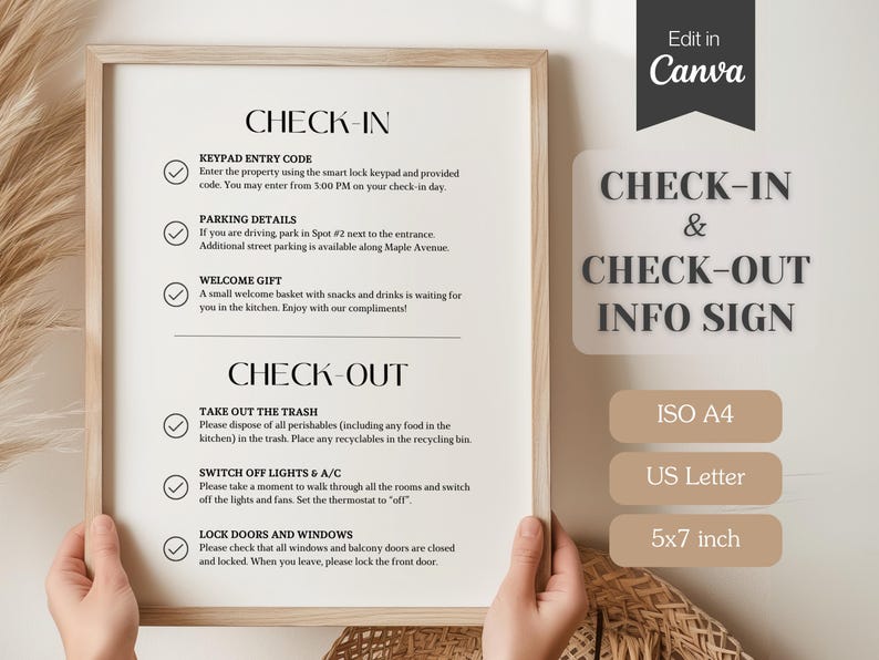Check-in & Check-out Instructions Sign for Airbnb or VRBO; FULLY ...