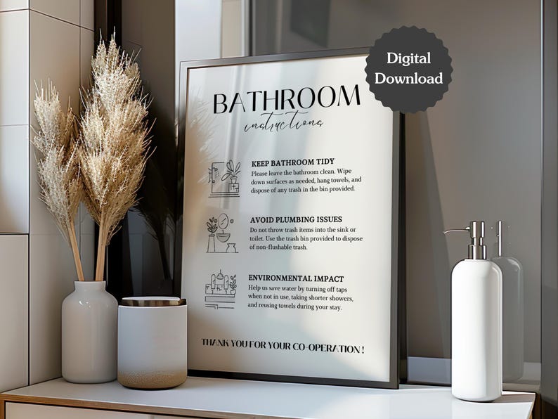 Bathroom Instructions & Rules Sign for Airbnb; Save Water, Tidy Up ...