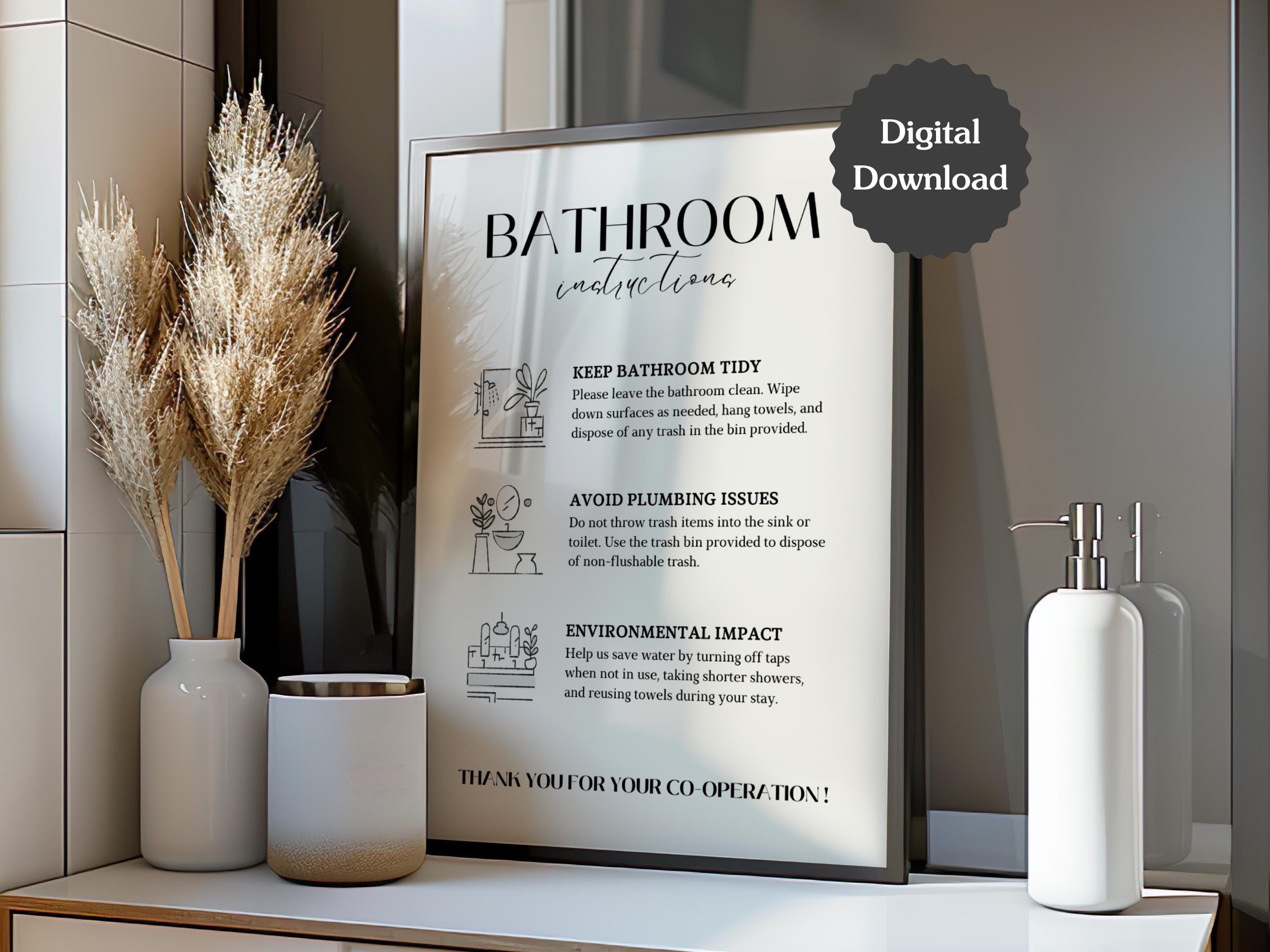 Bathroom Instructions & Rules Sign for Airbnb; Save Water, Tidy Up ...