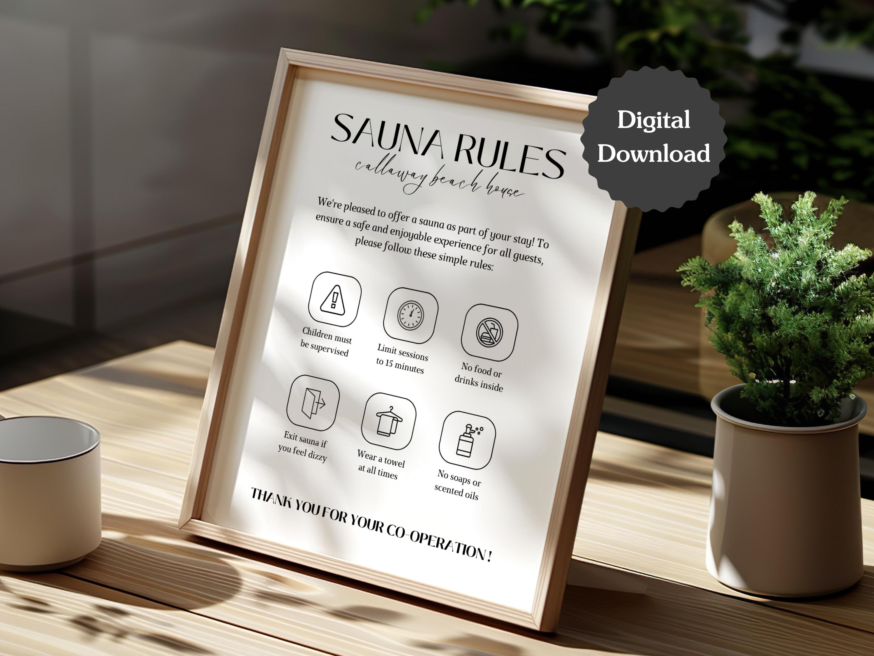 Sauna Rules & Safety Instructions Sign for Airbnb or VRBO Short-term Rental; A4, US Letter, 5x7 ...