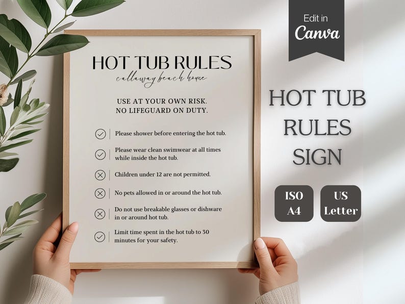 Hot Tub Rules & Safety Sign for Airbnb or VRBO Rental, FULLY ...