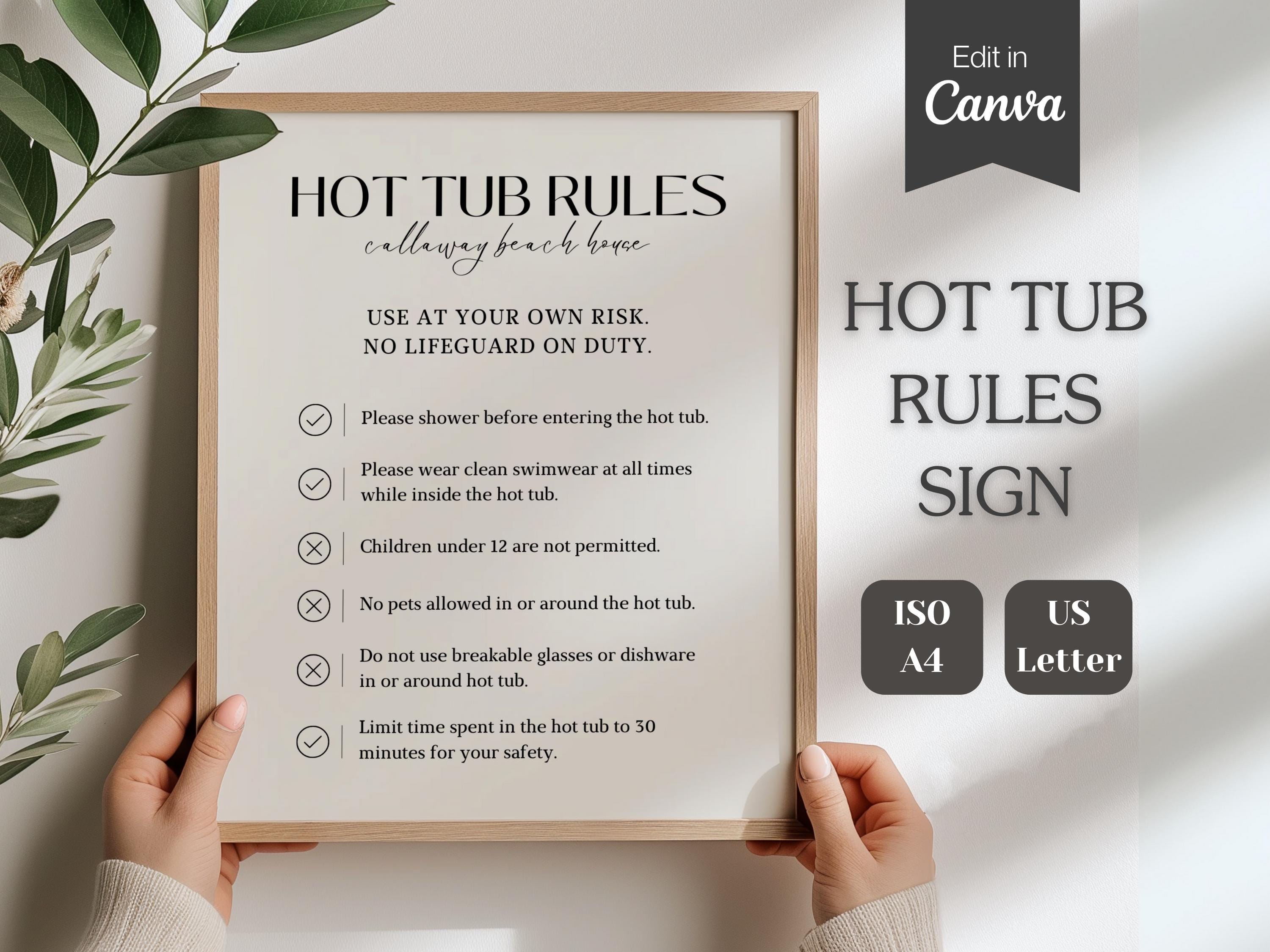 Hot Tub Rules & Safety Sign for Airbnb or VRBO Rental, FULLY ...