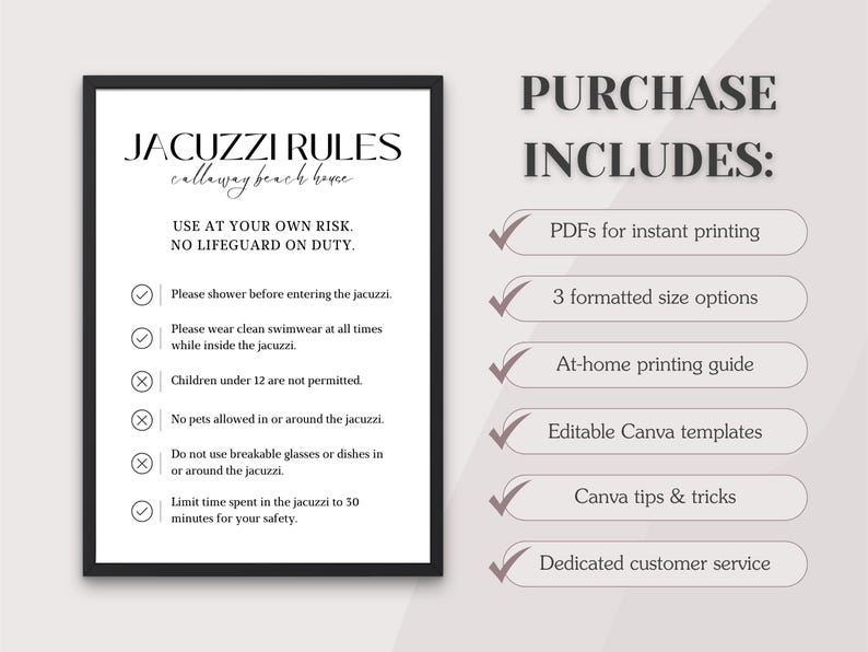 Jacuzzi Rules & Safety Sign for Airbnb or VRBO Rental, FULLY ...
