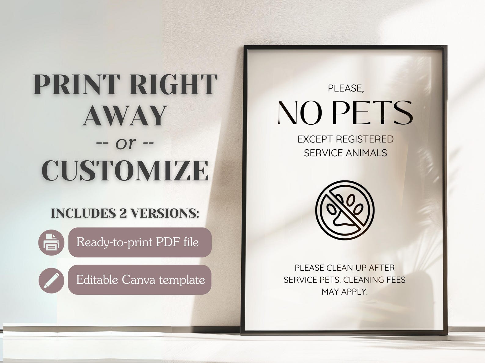 No Pets Allowed Airbnb Sign; Service Animals Only; Please Clean up ...