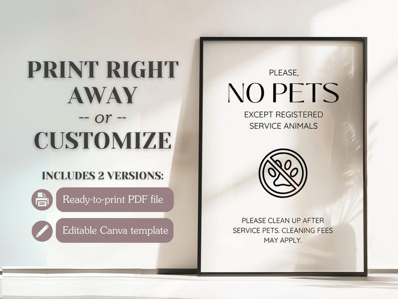 No Pets Allowed Airbnb Sign; Service Animals Only; Please Clean up ...