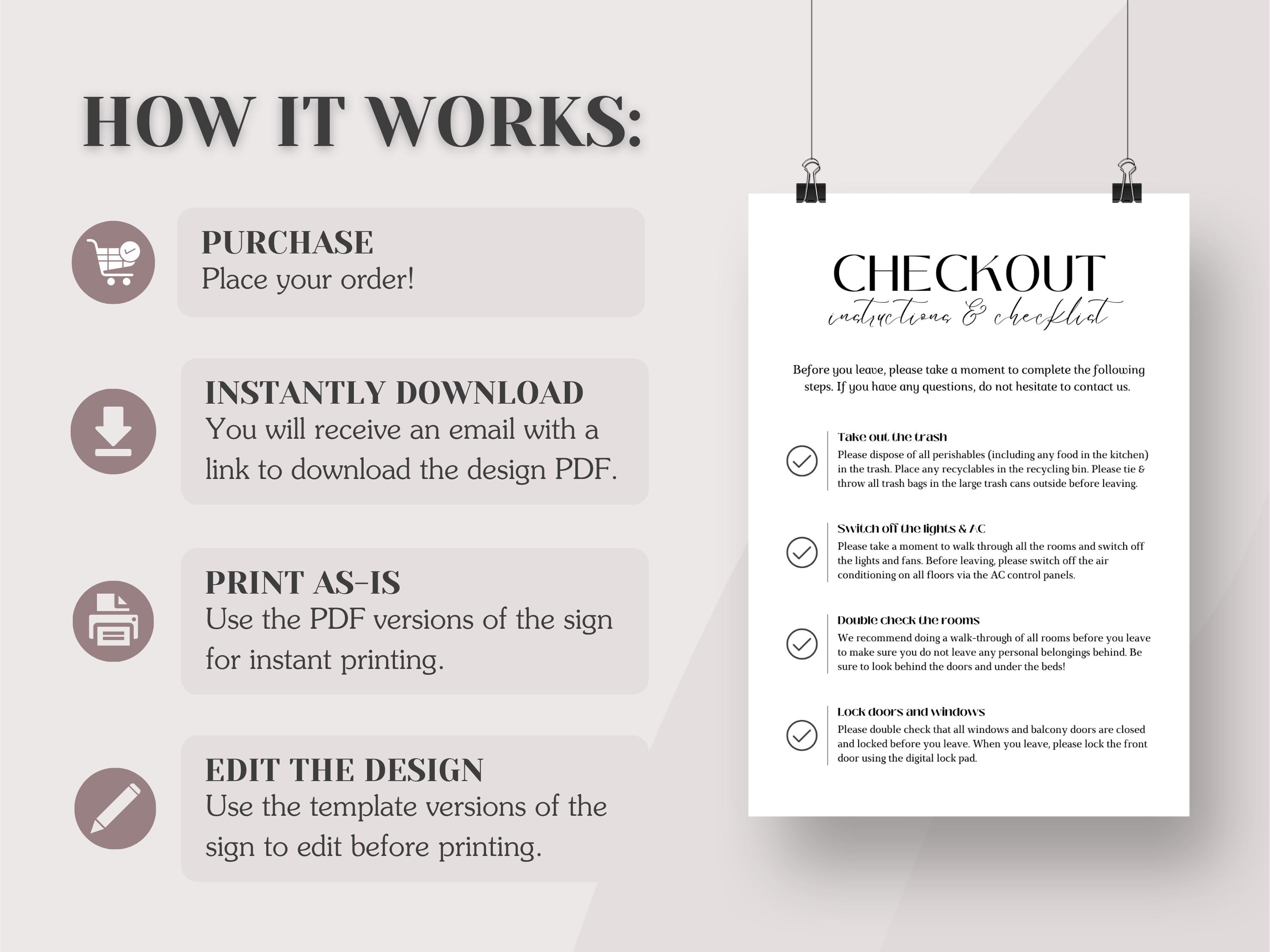 Checkout Instructions Sign for Airbnb, VRBO, Short-term Rental; Before ...