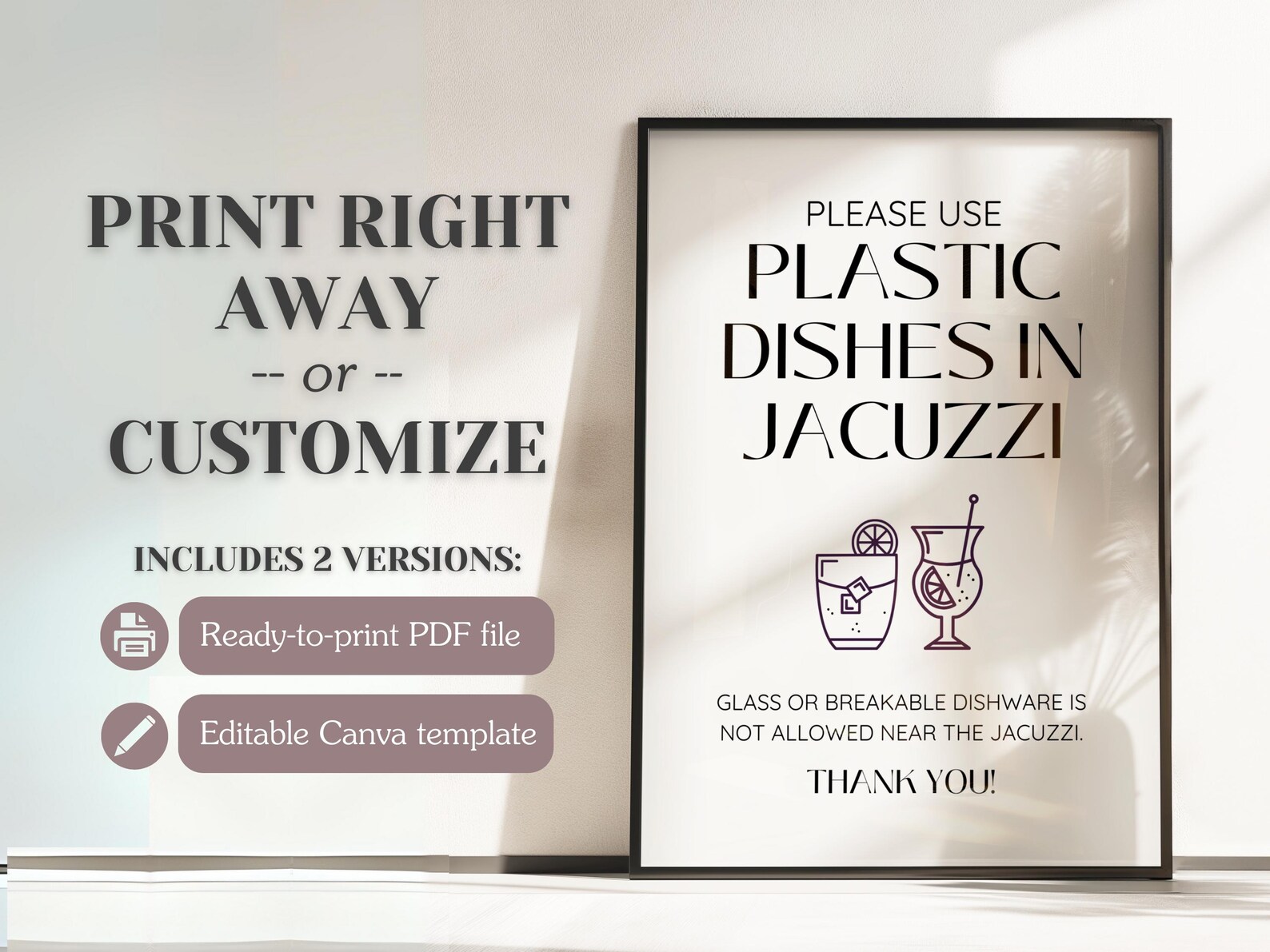 Use Plastic Dishes in Jacuzzi Sign for Airbnb; Pool Safety Instructions ...