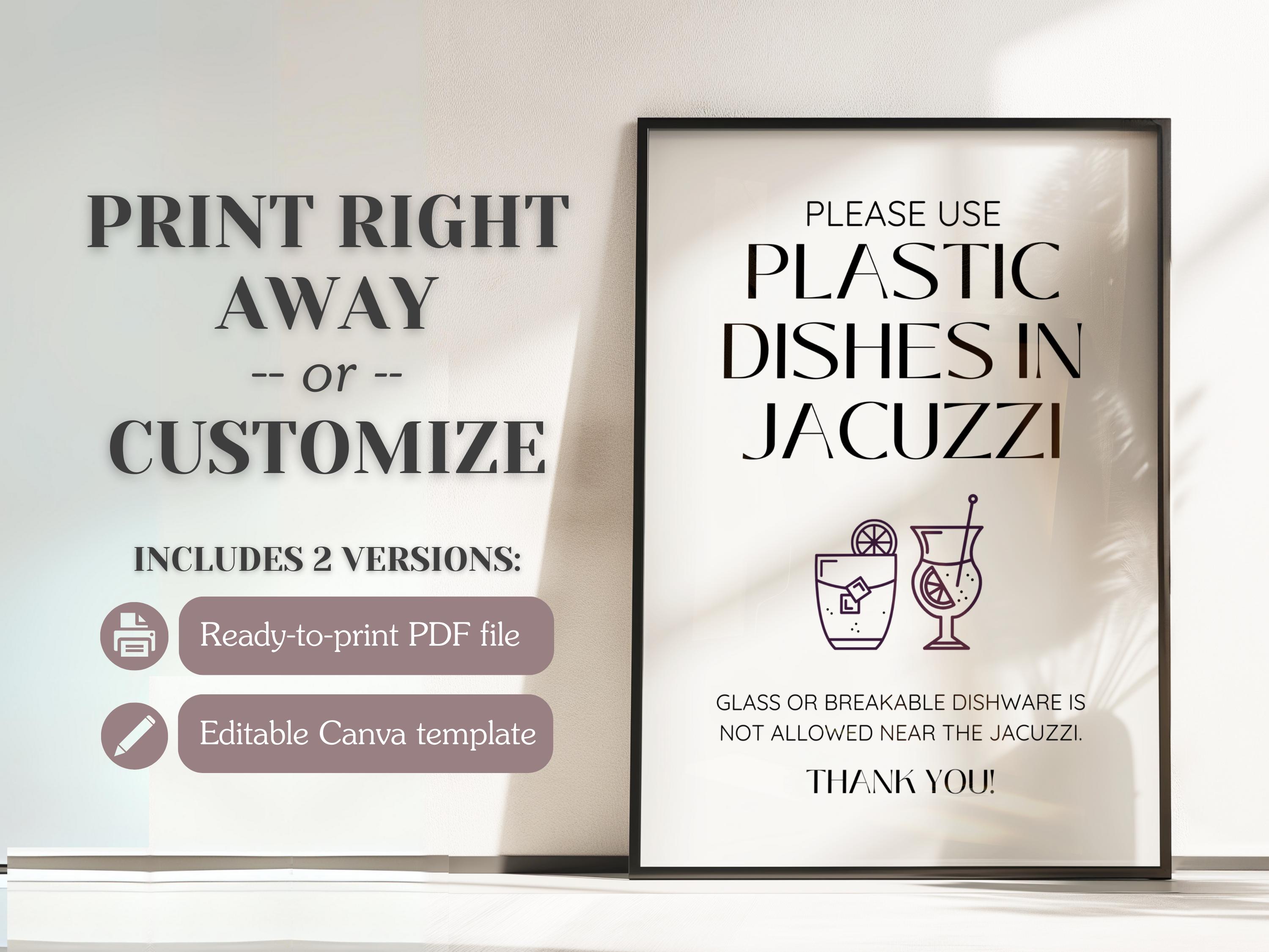 Use Plastic Dishes in Jacuzzi Sign for Airbnb; Pool Safety Instructions ...