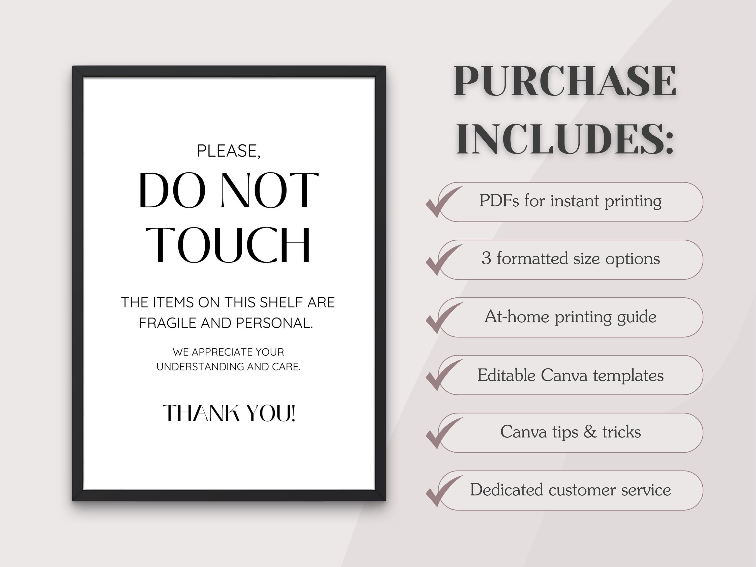 Do Not Touch Shelf Sign; Personal Items Airbnb Sign; Hands Off, Fragile ...