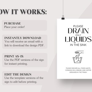 Drain Only Liquids Kitchen Sink Sign | No Food in Sink Sign | Keep ...