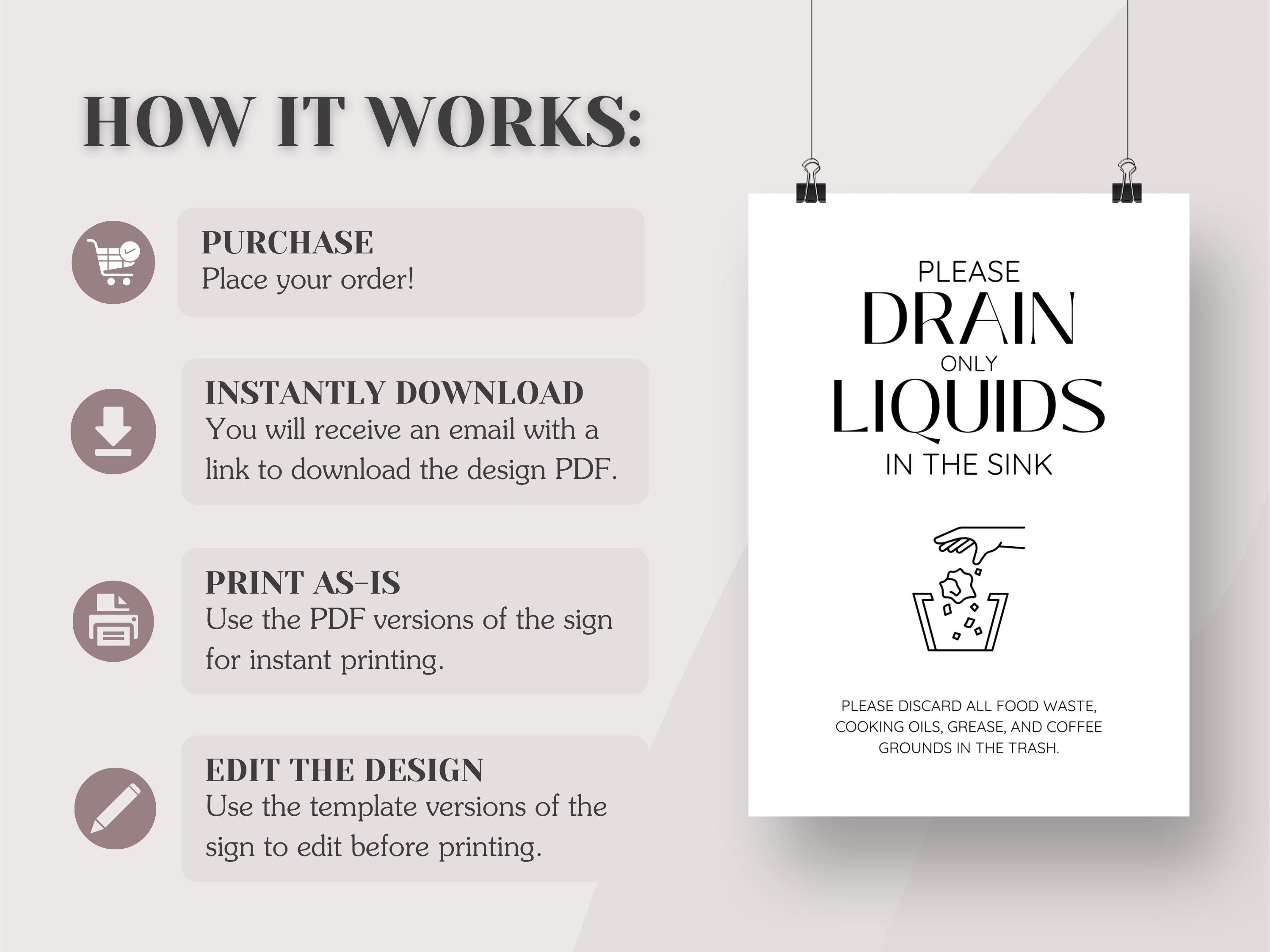 Drain Only Liquids Kitchen Sink Sign | No Food in Sink Sign | Keep ...