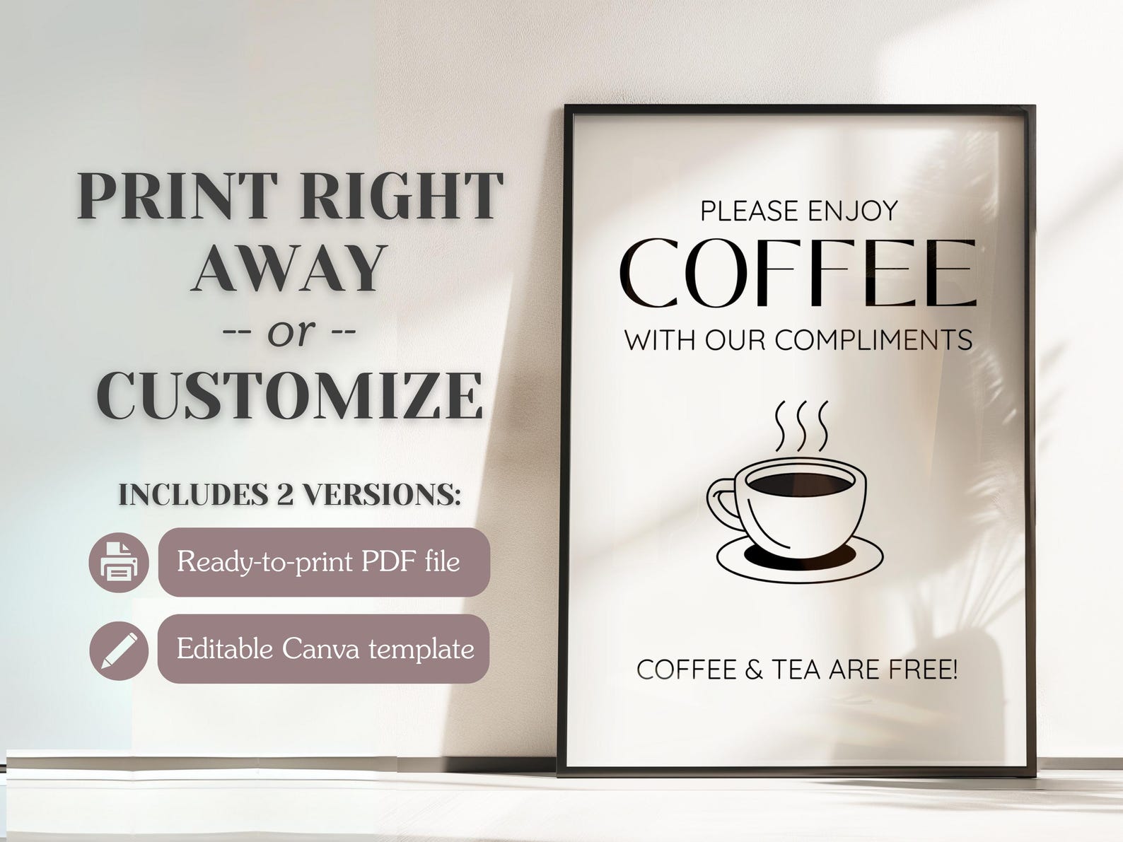 Complimentary Coffee and Tea Sign for Airbnb; Coffee Station Sign; Free ...