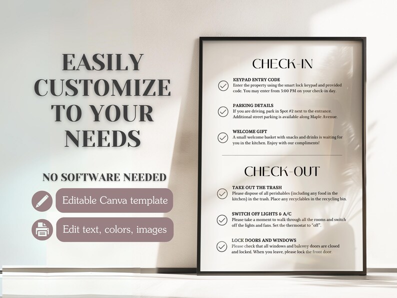 Check-in & Check-out Instructions Sign for Airbnb or VRBO; FULLY ...