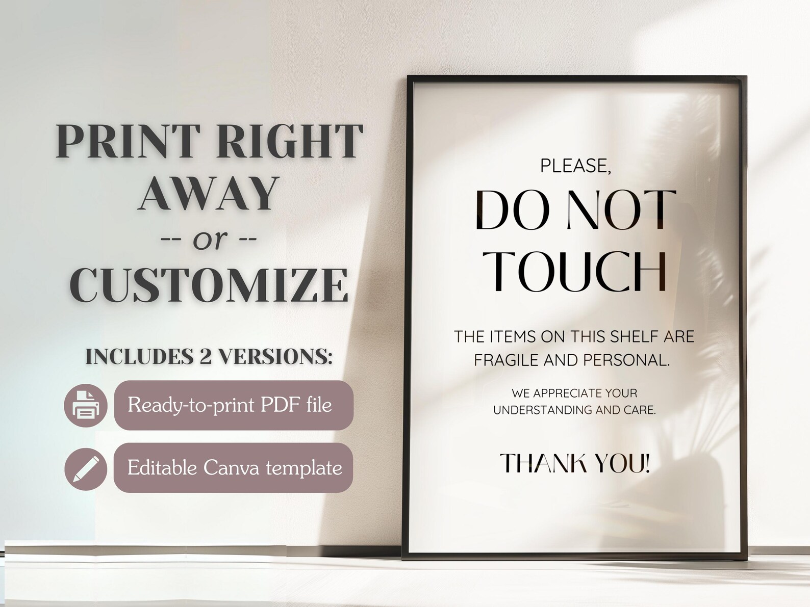 Do Not Touch Shelf Sign; Personal Items Airbnb Sign; Hands Off, Fragile ...