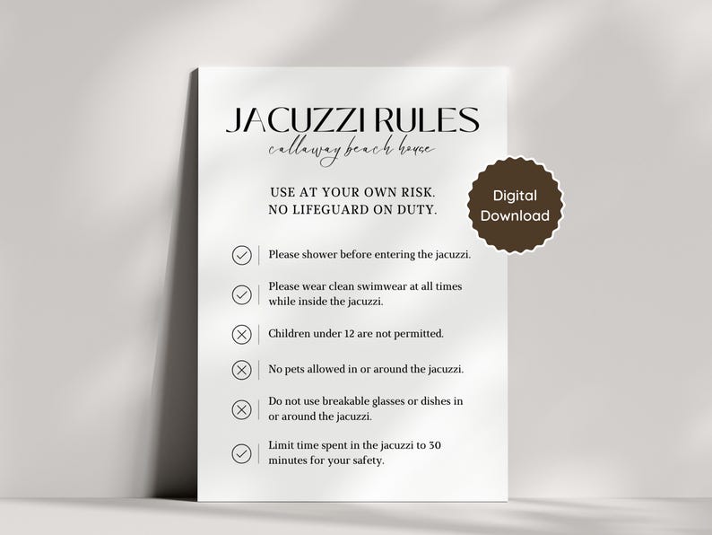 Jacuzzi Rules & Safety Sign for Airbnb or VRBO Rental; Pool + Hot Tub ...