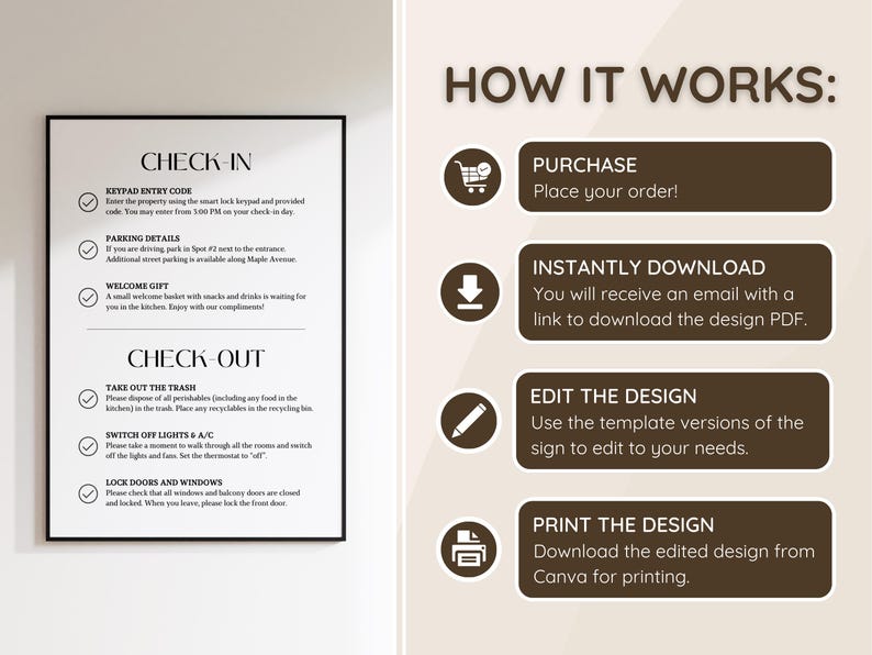 Check-in & Check-out Instructions Sign for Airbnb or VRBO; Customizable ...