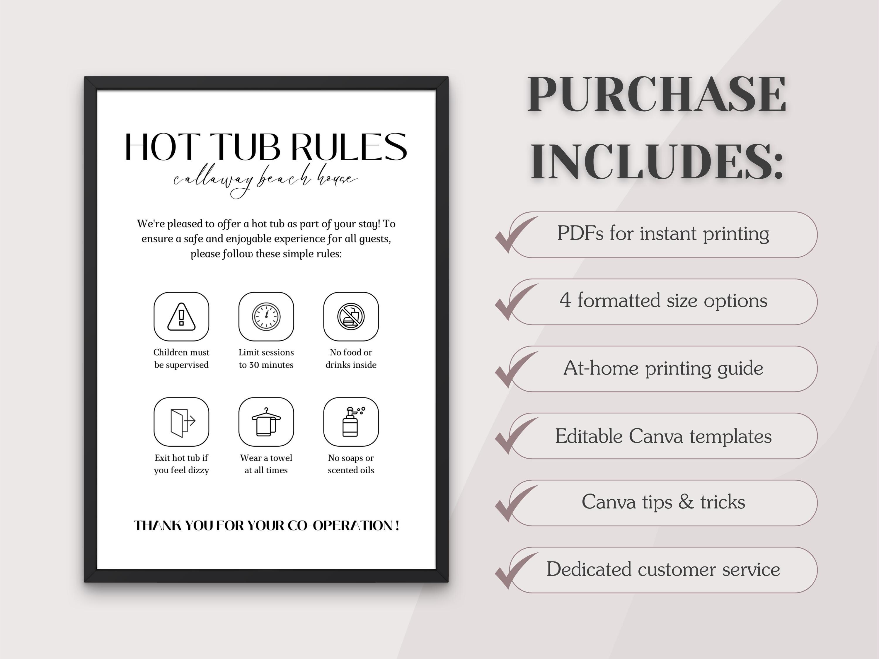 Hot Tub Rules & Safety Sign for Airbnb or Short-term Rental, A4, US ...