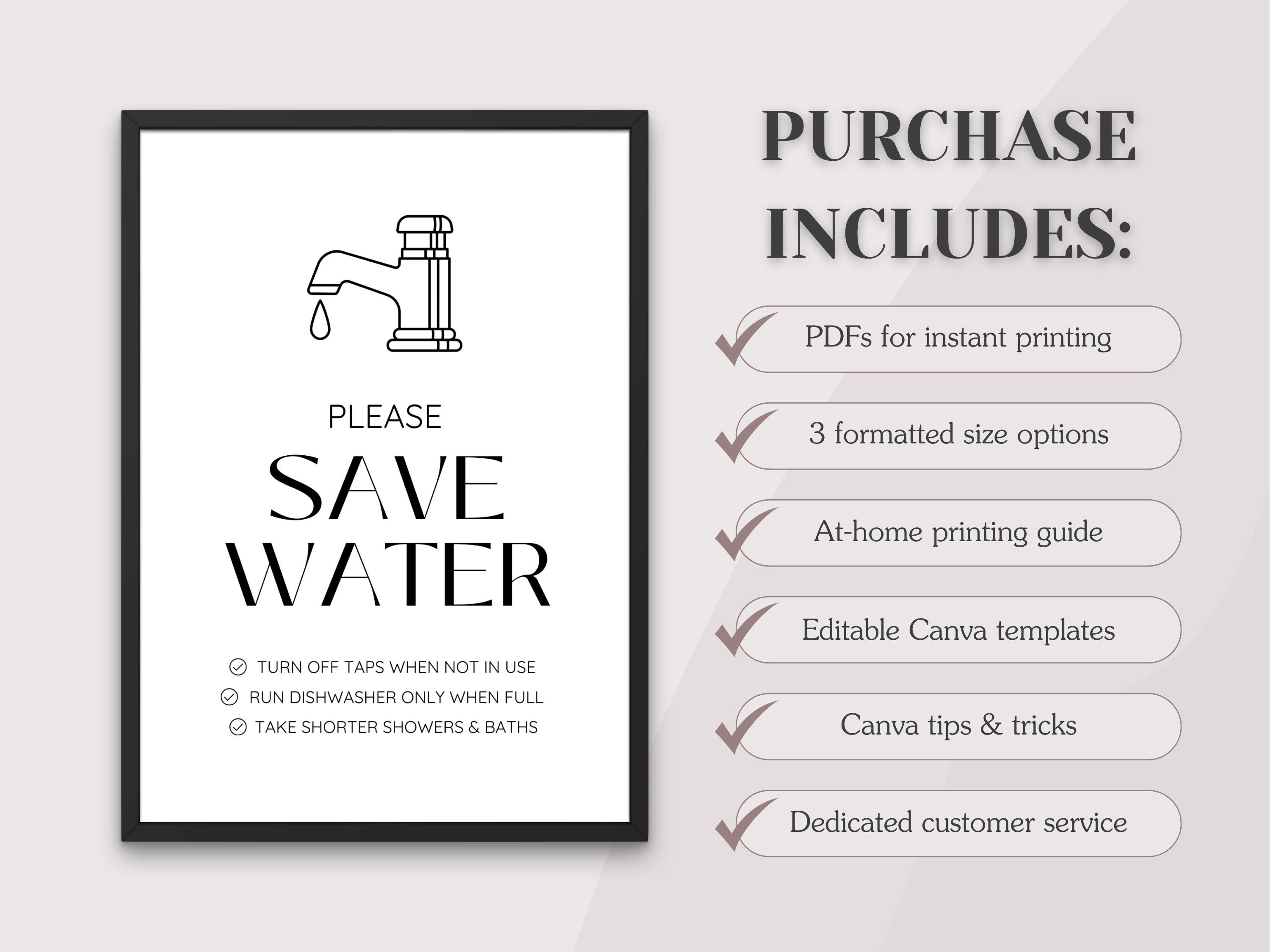 Please Save Water Sign for Airbnb; Turn off Taps & Take Short Showers ...