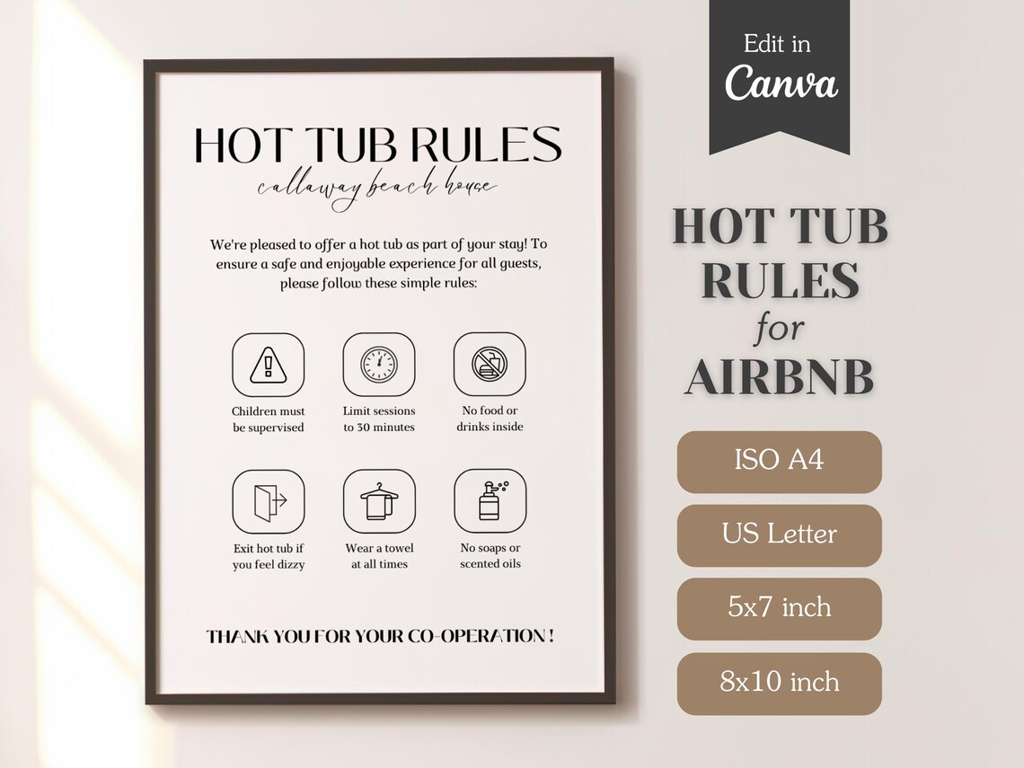 Hot Tub Rules & Safety Sign for Airbnb or Short-term Rental, A4, US ...