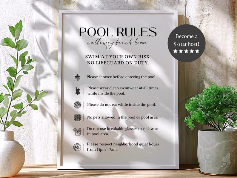 Pool Rules & Safety Sign for Airbnb or VRBO Rental, FULLY Customizable ...