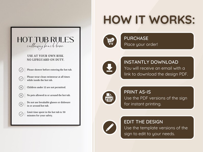 Hot Tub Rules & Safety Sign for Airbnb Rental; A4, US Letter, 5x7, 8x10 ...