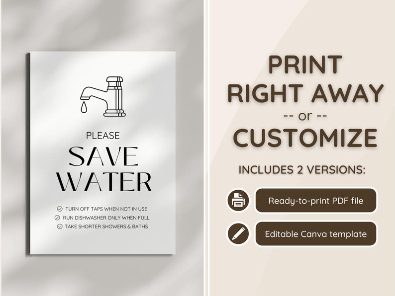 Please Save Water Sign for Airbnb; Turn off Taps & Take Short Showers ...