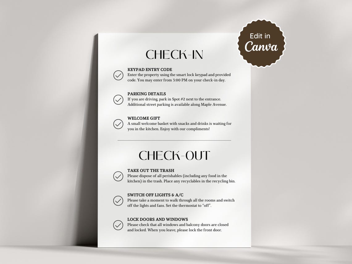 Check-in & Check-out Instructions Sign for Airbnb or VRBO; Customizable ...