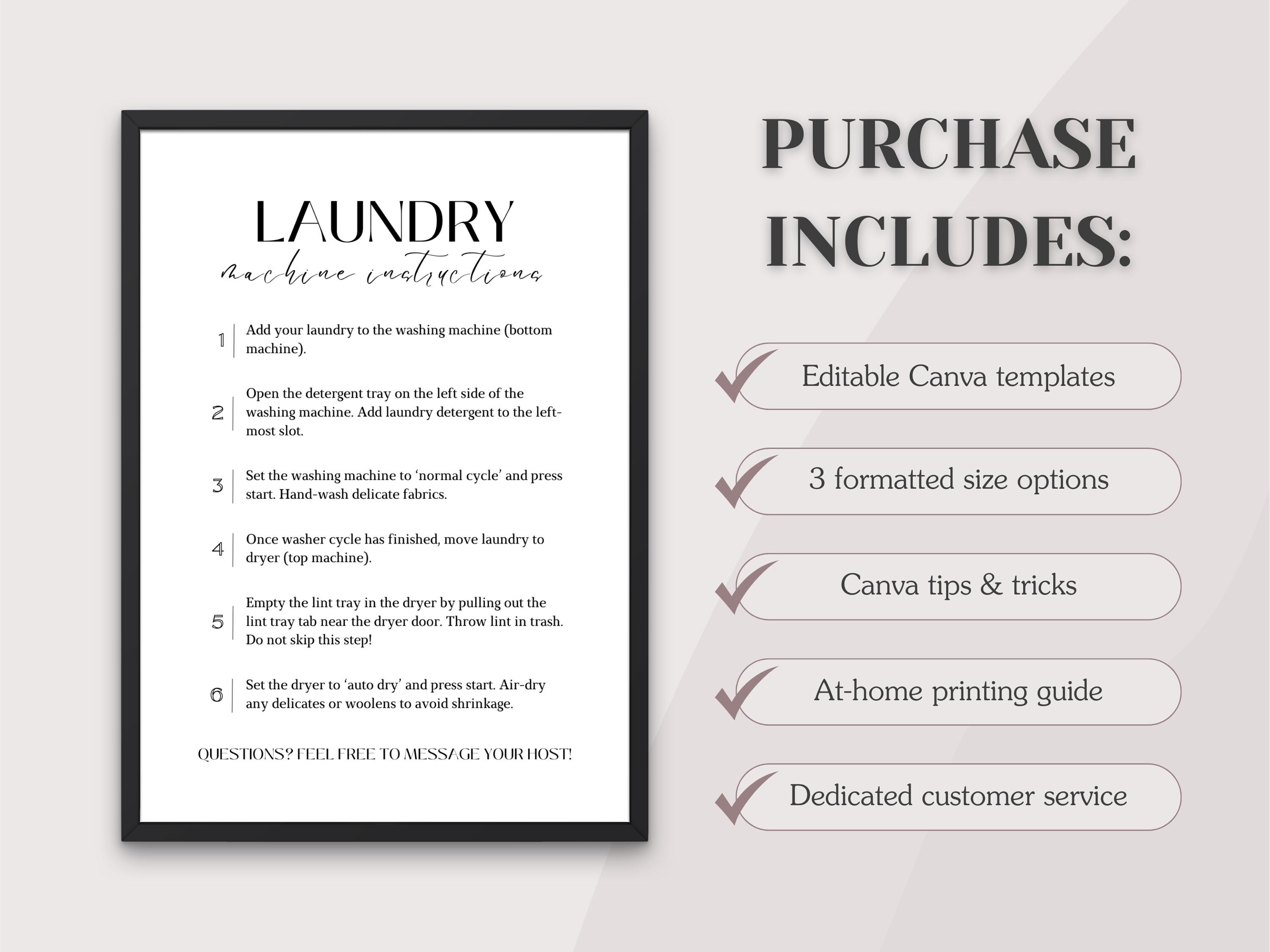 Laundry Instructions Sign for Airbnb; Washer and Dryer Info for Short ...