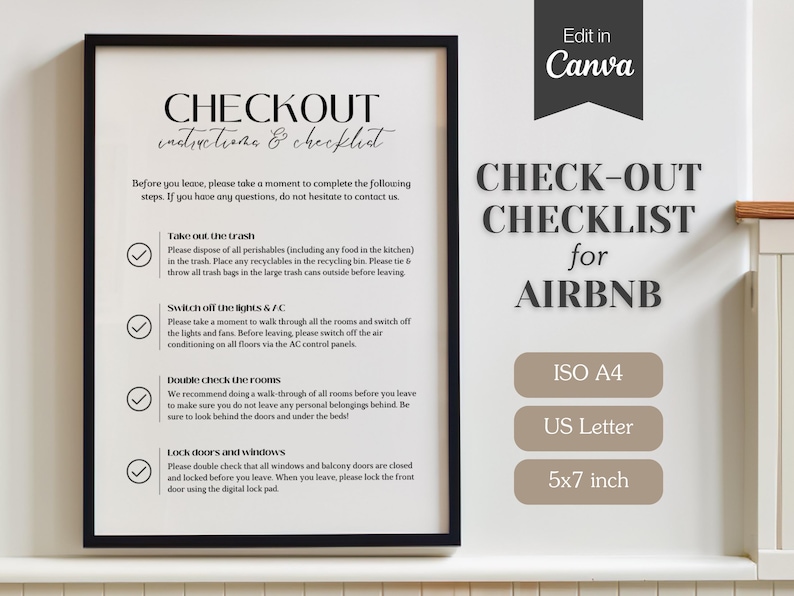 Checkout Instructions Sign for Airbnb, VRBO, Short-term Rental; Before ...