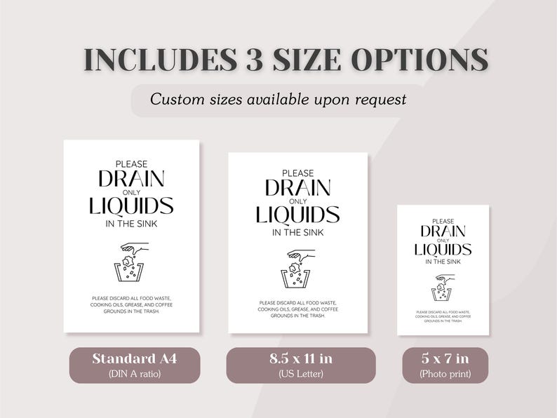 Drain Only Liquids Kitchen Sink Sign | No Food in Sink Sign | Keep ...