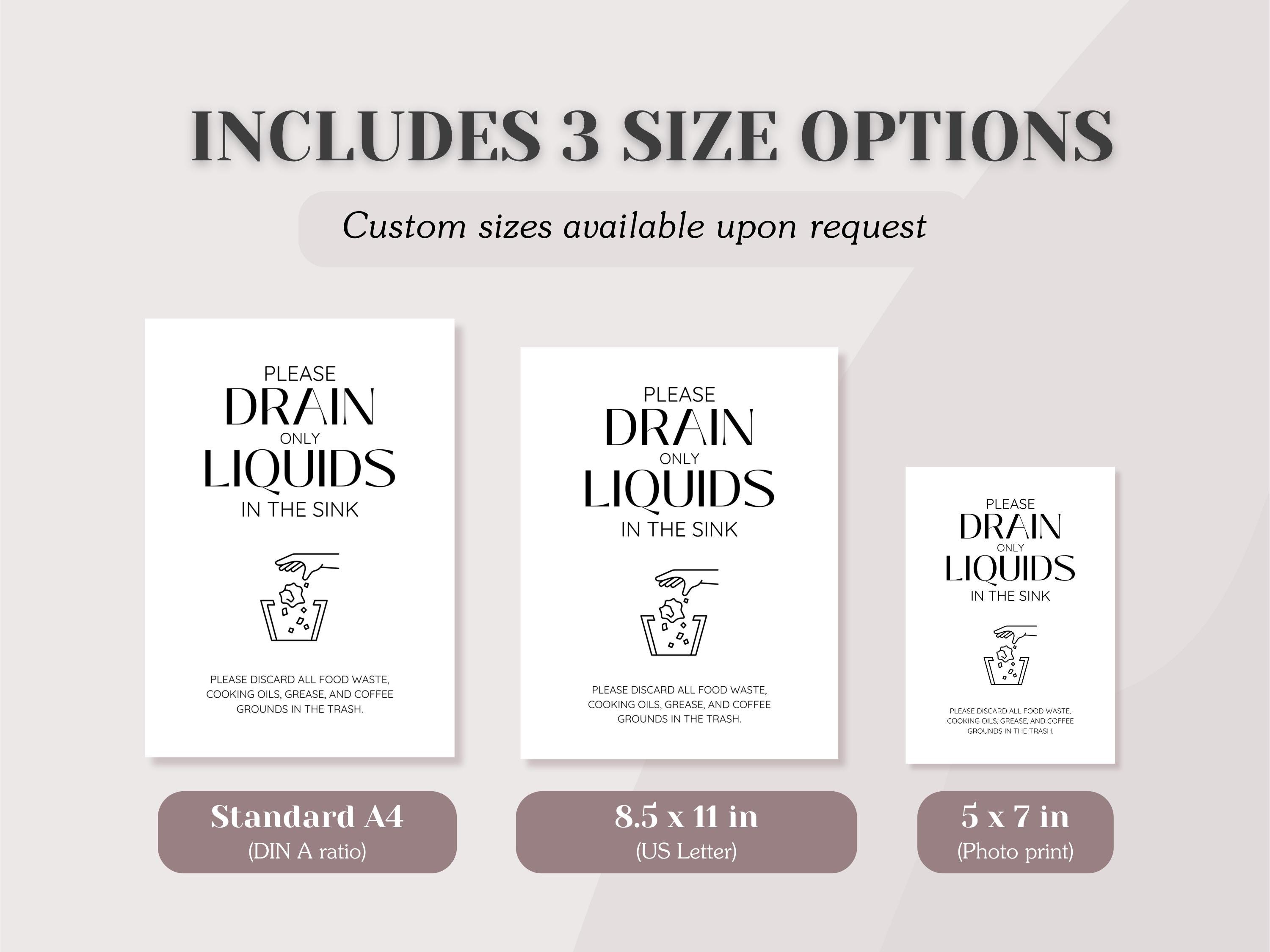 Drain Only Liquids Kitchen Sink Sign | No Food in Sink Sign | Keep ...