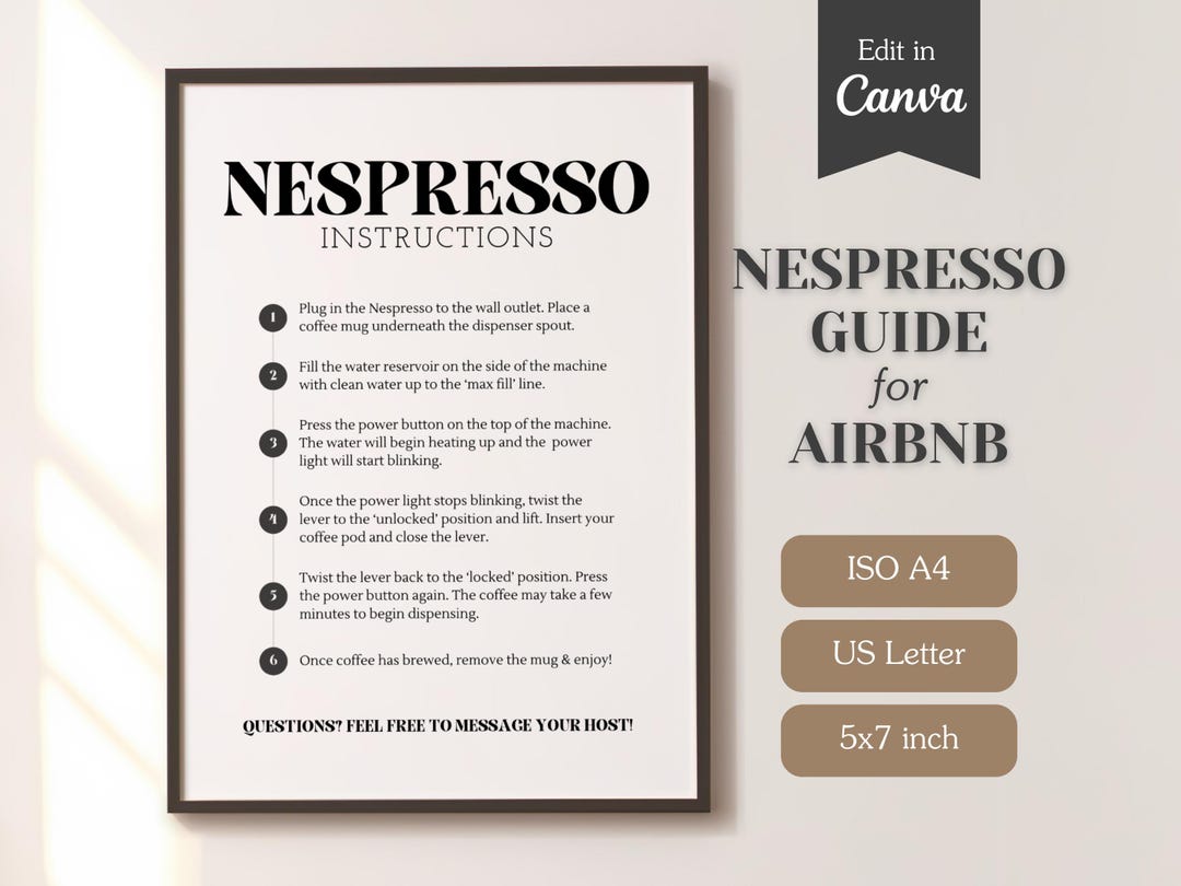 Nespresso Machine Instructions Sign for Airbnb or Short-term Rental ...