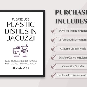 Use Plastic Dishes in Jacuzzi Sign for Airbnb; Pool Safety Instructions ...