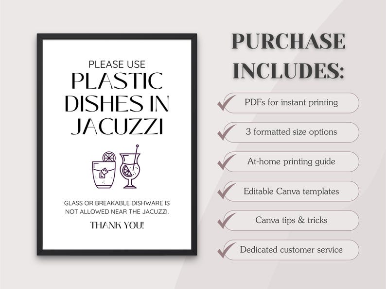 Use Plastic Dishes in Jacuzzi Sign for Airbnb; Pool Safety Instructions ...