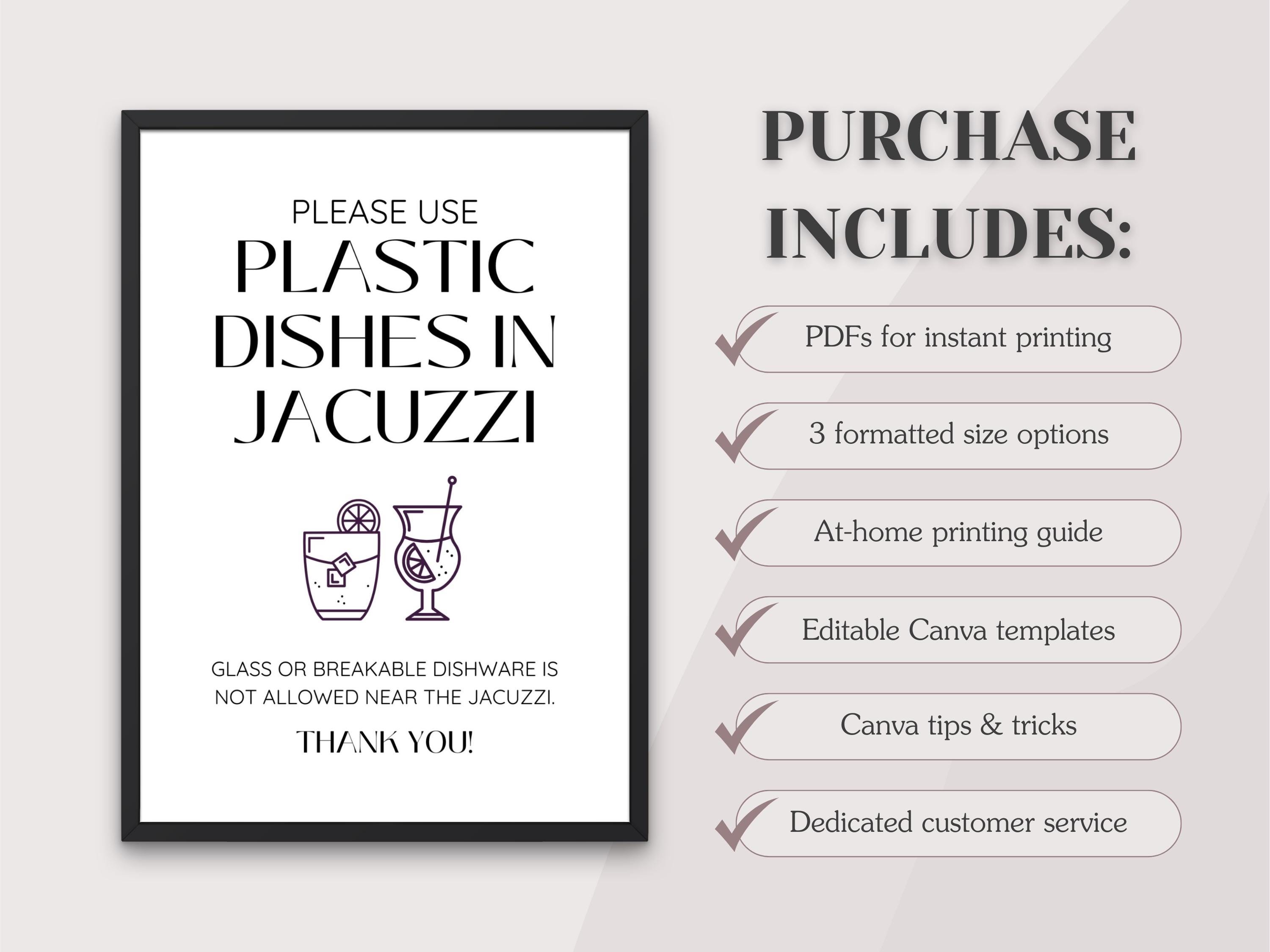 Use Plastic Dishes in Jacuzzi Sign for Airbnb; Pool Safety Instructions ...