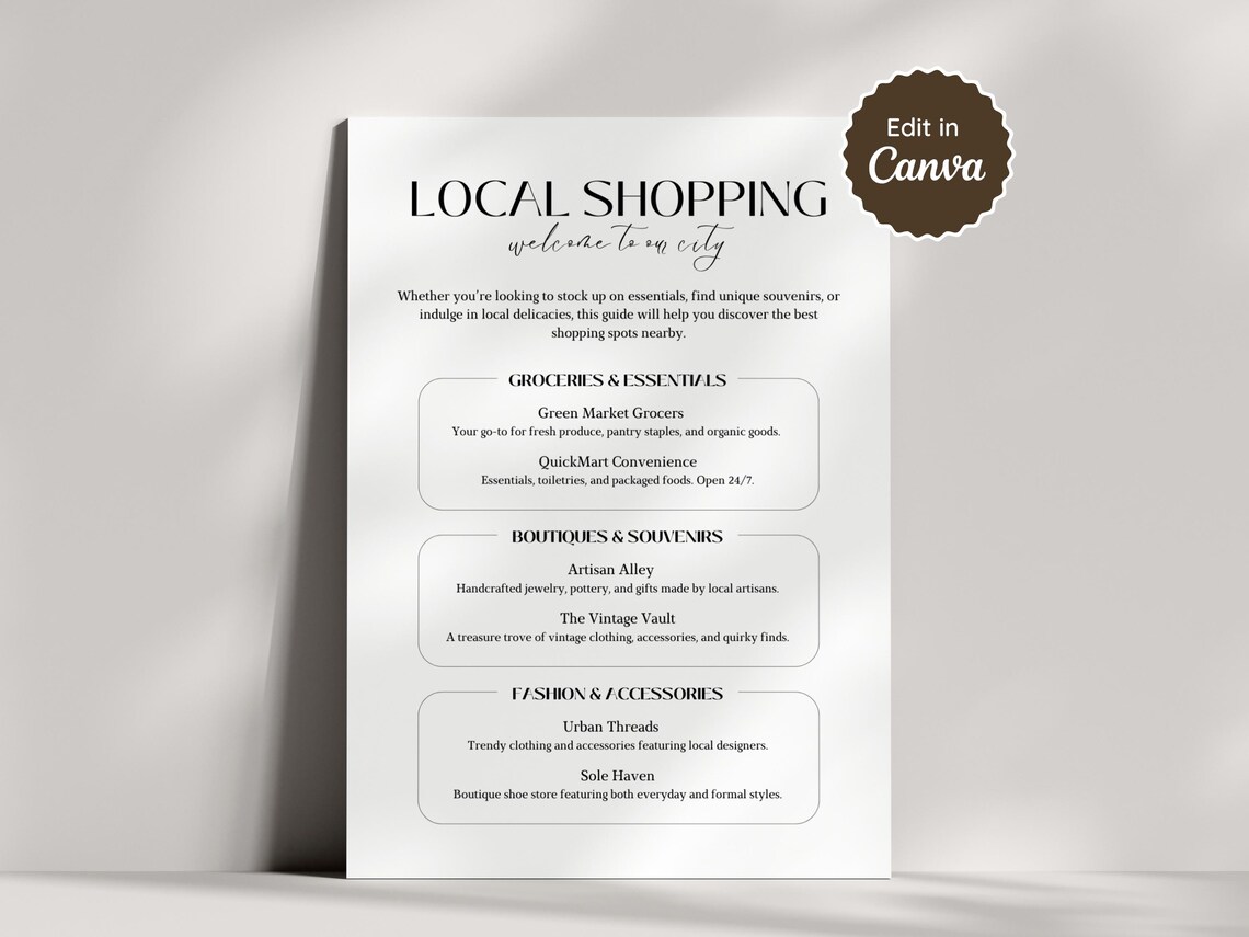 Local Shopping Guide Sign for Airbnb; FULLY Customizable Canva Template ...