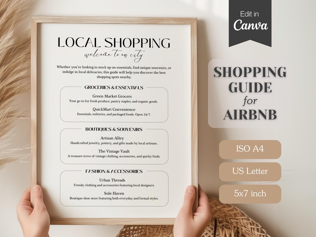 Local Shopping Guide Sign for Airbnb; FULLY Customizable Canva Template ...