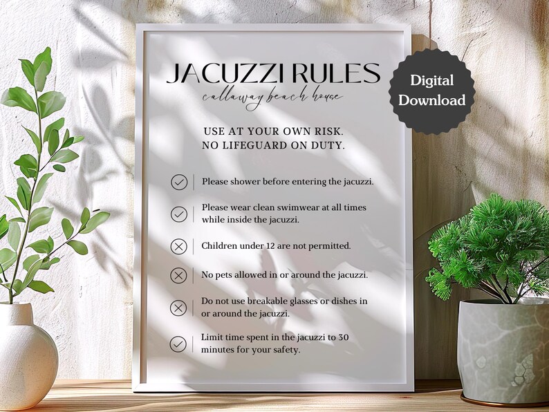 Jacuzzi Rules & Safety Sign for Airbnb or VRBO Rental, FULLY ...