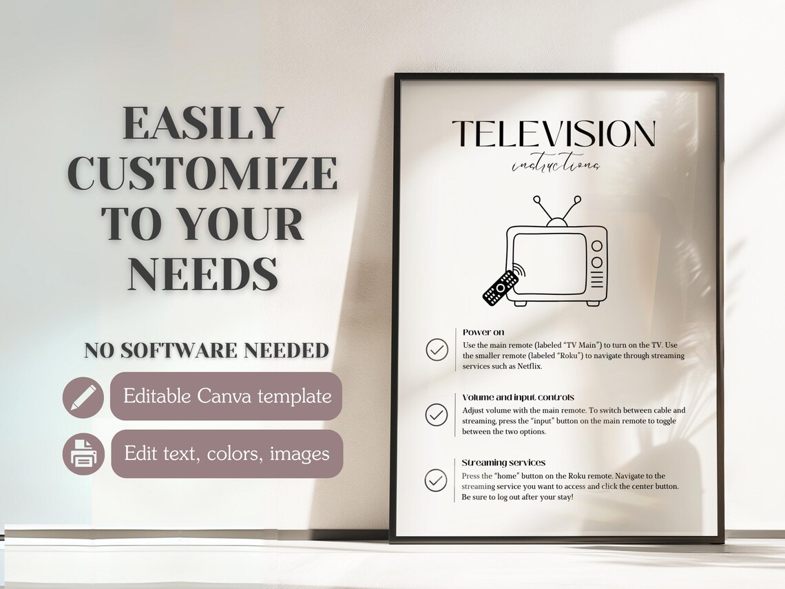 Airbnb Television Instructions Sign; Roku TV, Netflix and Channel Guide ...