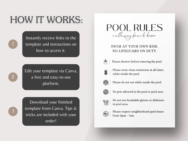 Pool Rules & Safety Sign for Airbnb or VRBO Rental, FULLY Customizable ...