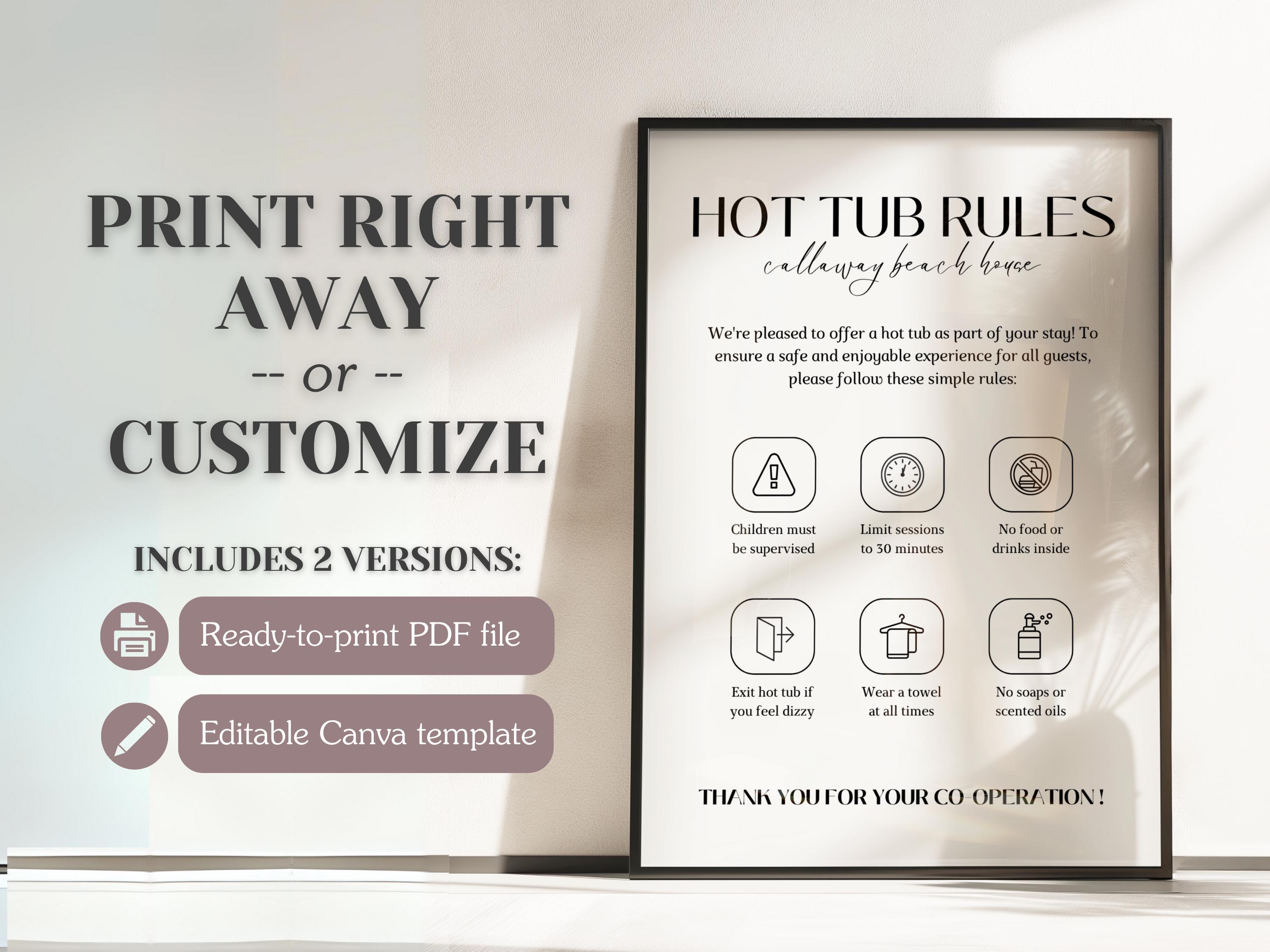 Hot Tub Rules & Safety Sign for Airbnb or Short-term Rental, A4, US ...