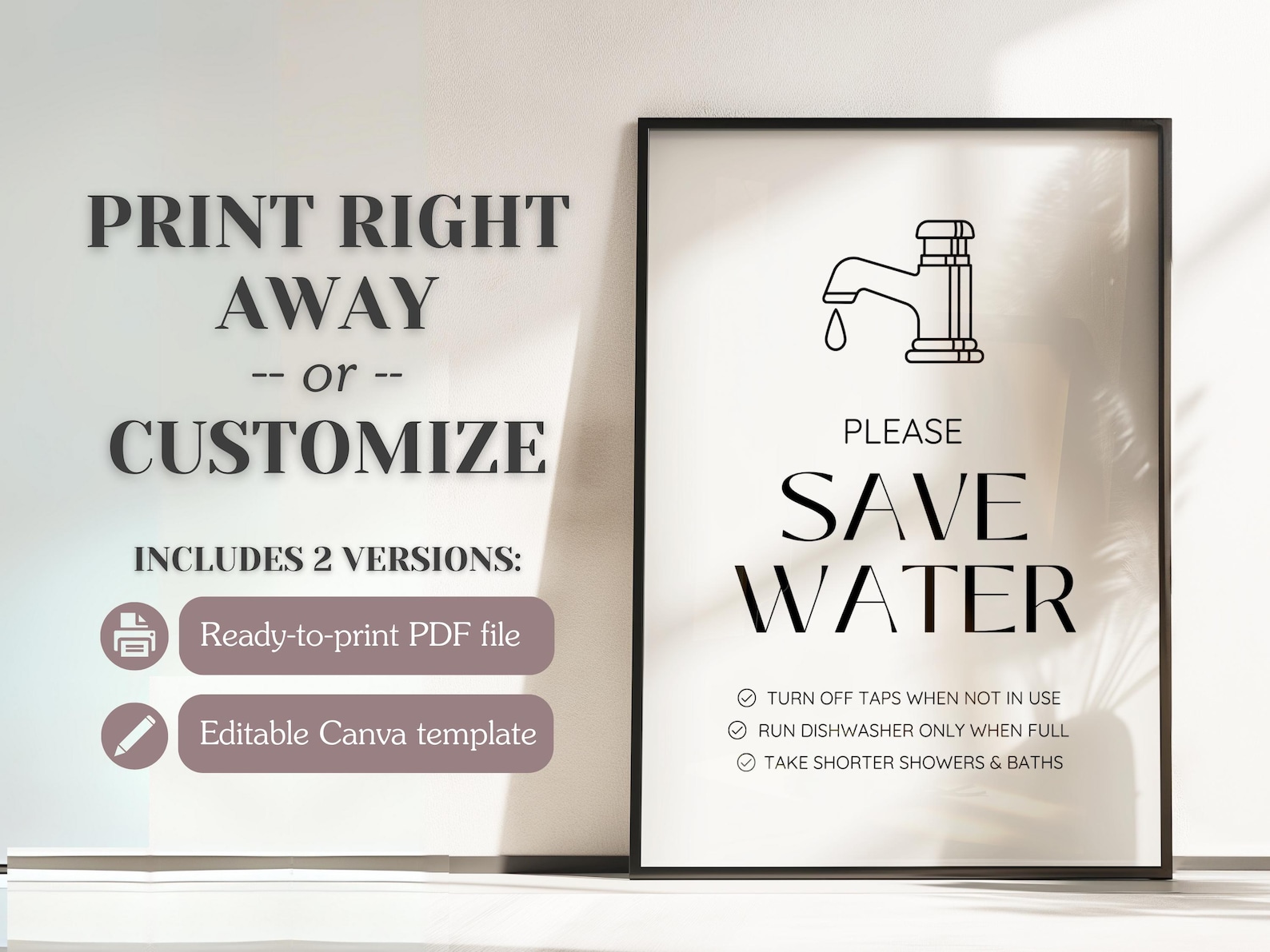 Please Save Water Sign for Airbnb; Turn off Taps & Take Short Showers ...