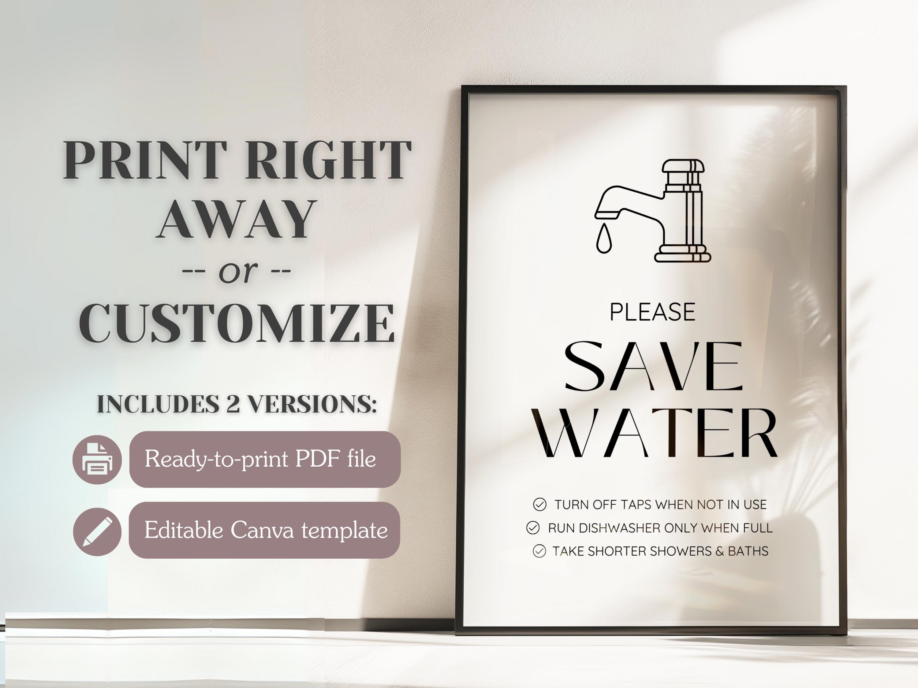Please Save Water Sign for Airbnb; Turn off Taps & Take Short Showers ...
